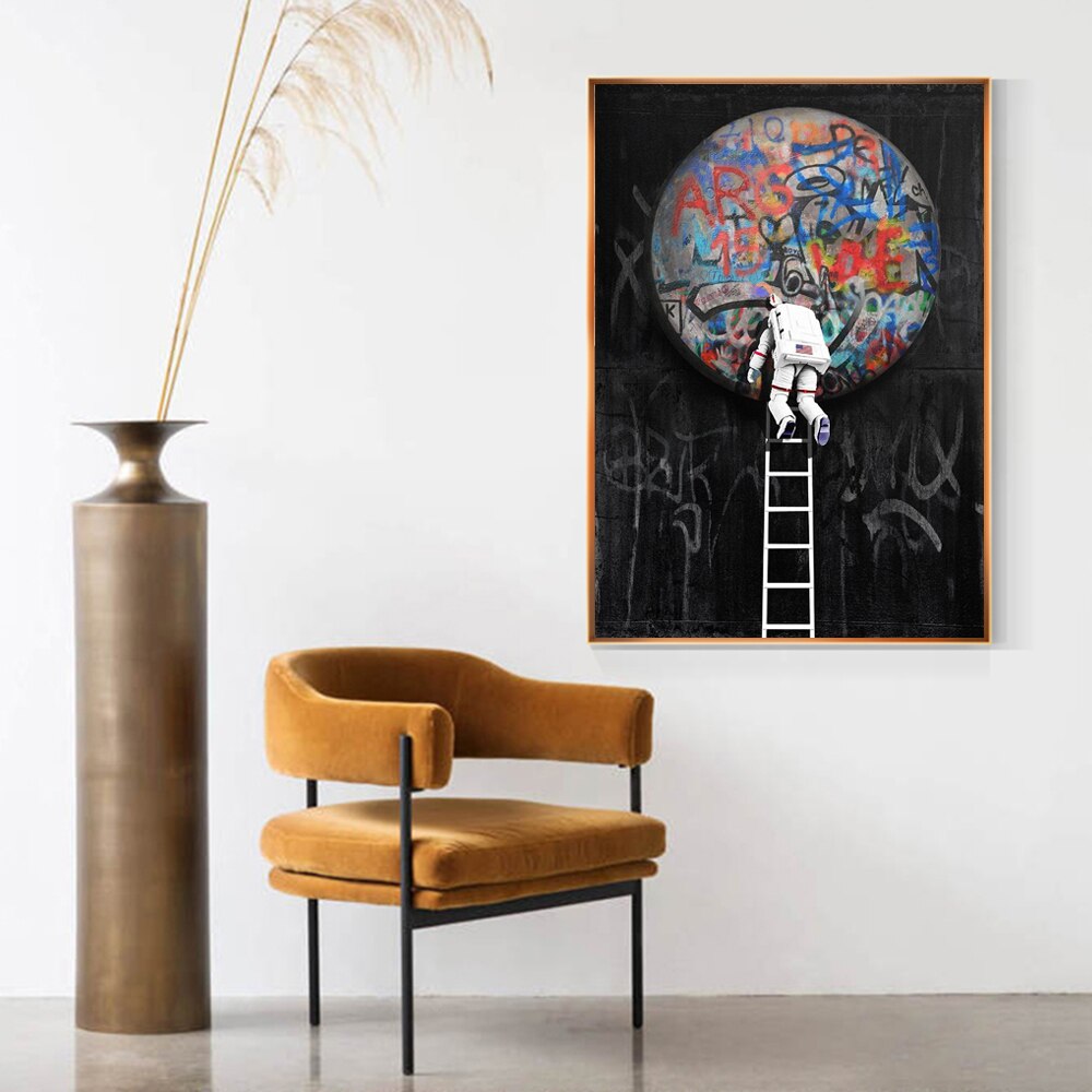 Toile - Astronaute Fusée Echelle Lune Graffiti Diptyque – Kalunea