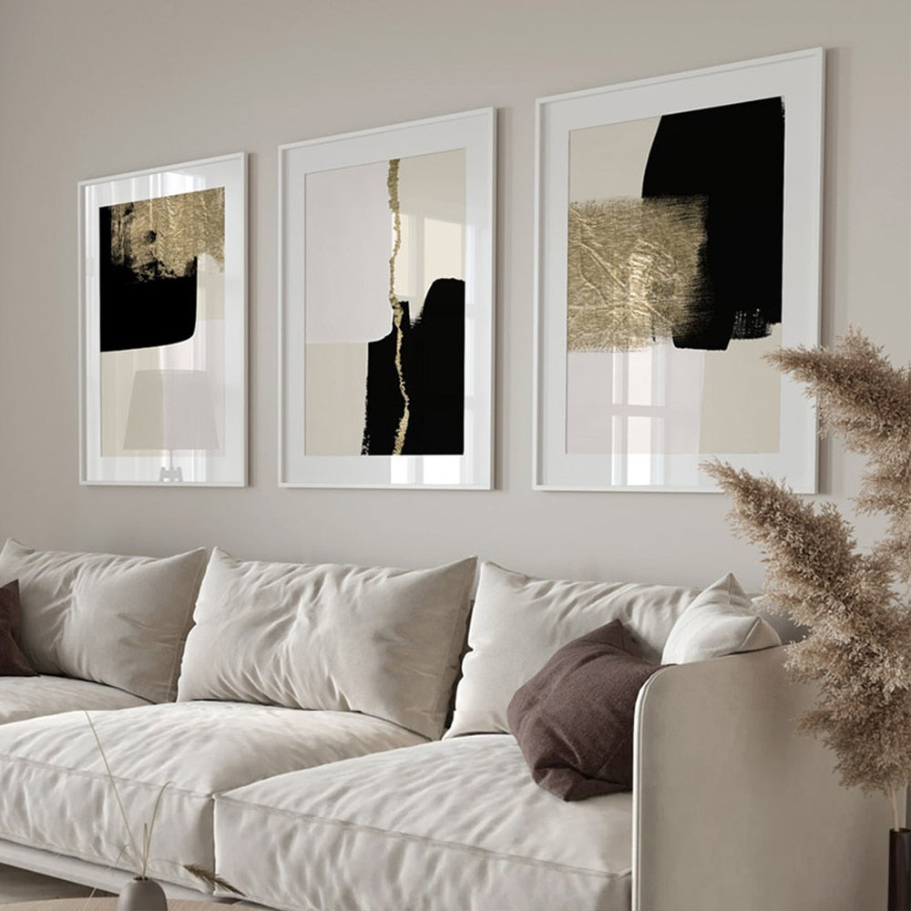 Tableau - Moderne Abstrait Beige Noir Doré Minimalist Art Triptyque ...